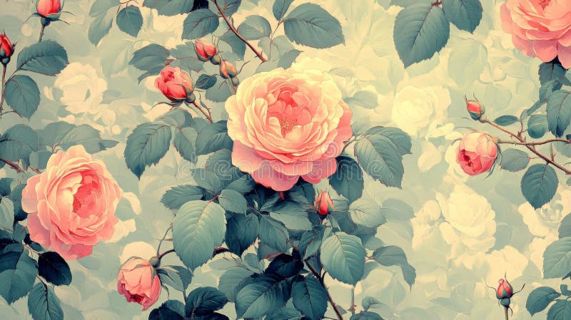 Pink Roses and Green Leaves Vintage Floral Pattern Stock Illustration ...