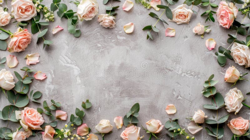 Pink Roses and Greenery are Arranged Artistically on a Gray Surface ...