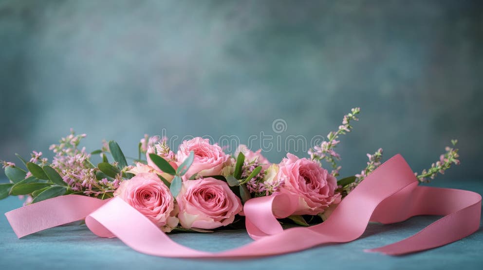 Pink Roses and Greenery Arranged with a Pink Ribbon Stock Illustration ...