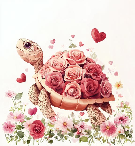 Pink Roses and Heart and Turtle Stock Illustration - Illustration of ...