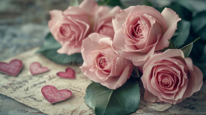 Pink Roses and Hearts on a Vintage Letter Stock Illustration ...
