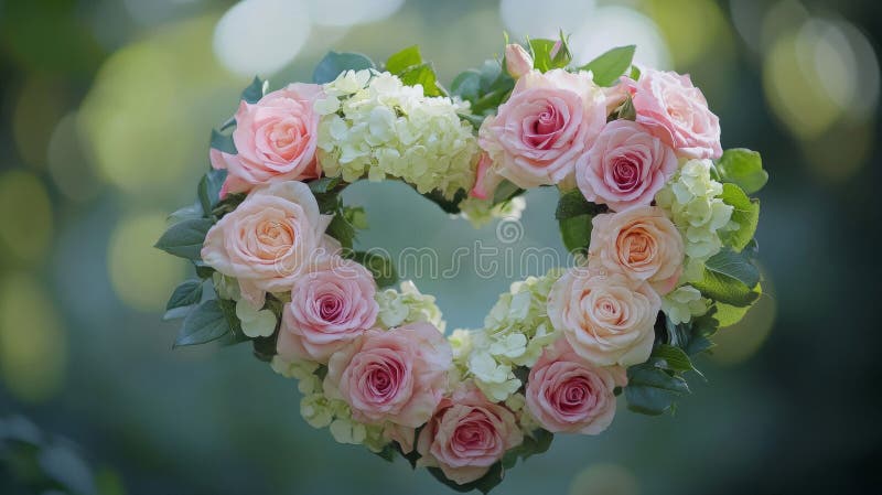 Pink Roses and Hydrangeas Form a Heart Shape Stock Illustration ...