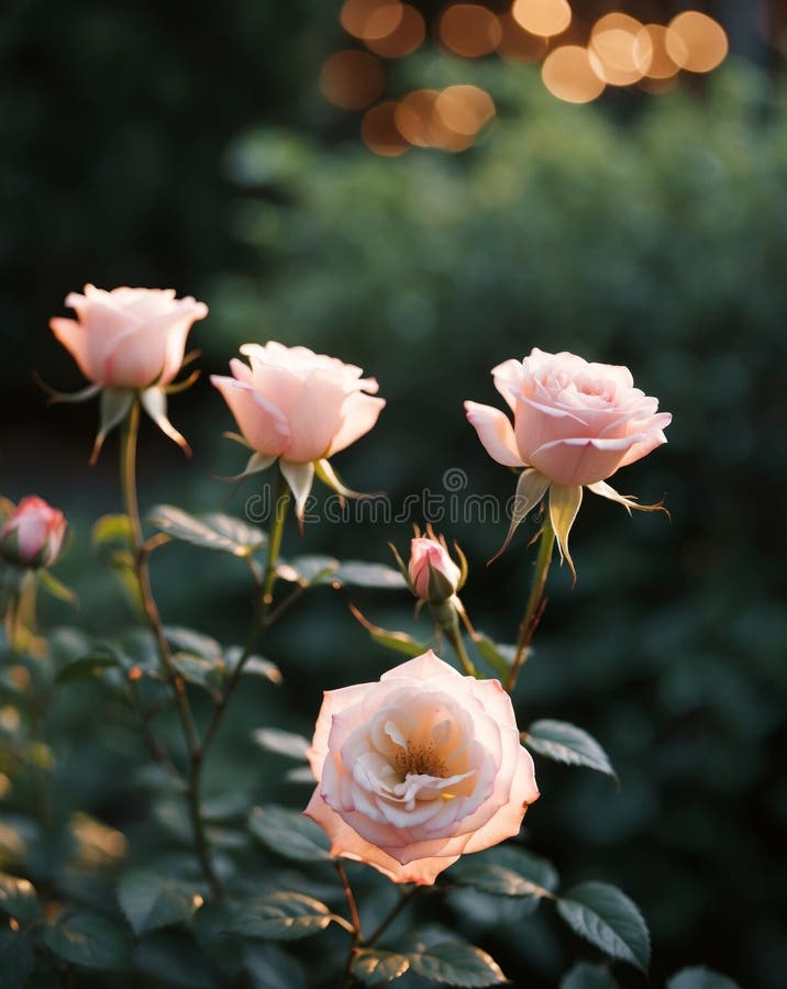 Pink Roses Illuminated by Warm Lights in a Garden Stock Image - Image ...