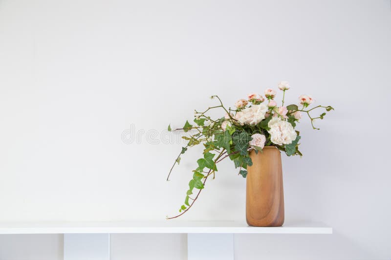 Pink Roses Ivy Vase Shelf Background White Wall Stock Photos - Free ...
