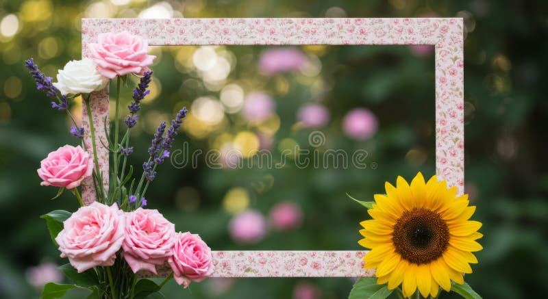 Pink Roses Lavender Sunflower Floral Frame Stock Illustration ...