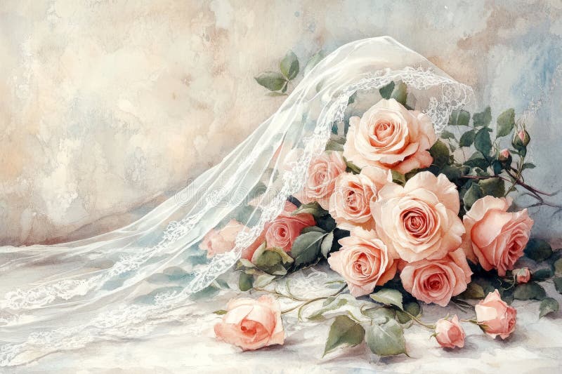 Pink Roses Lie on a Table Covered with a Delicate Bridal Veil, Creating ...