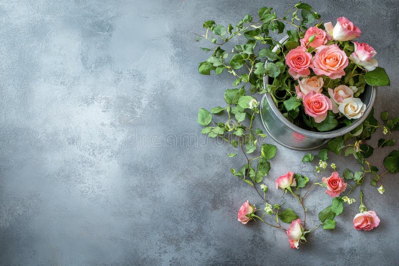 Pink Roses in a Metal Container with Greenery Stock Image - Image of ...