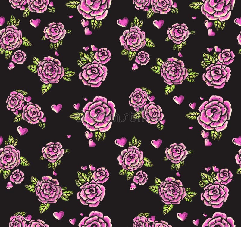 Pink Roses Pattern. Black Background Stock Illustration - Illustration ...