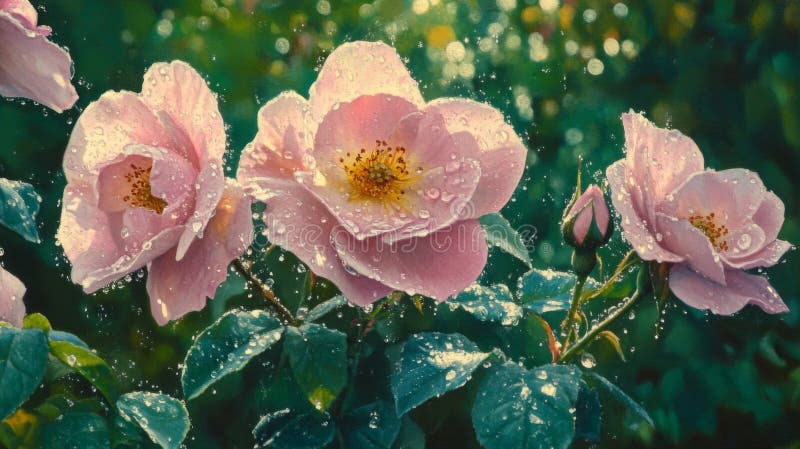 Pink Roses in the Rain stock illustration. Illustration of blossom ...