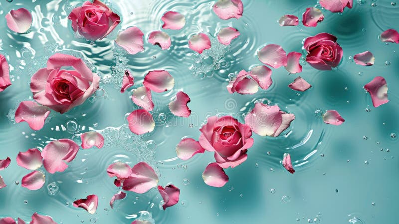 Pink Roses and Rose Petals Floating on Clear Water, with a Light Blue ...