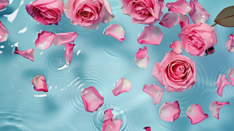 Pink Roses and Rose Petals Floating on Clear Water, with a Light Blue ...