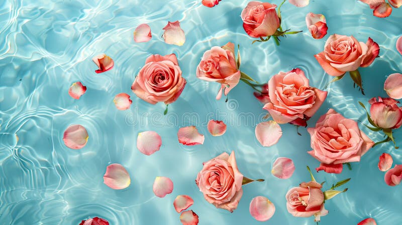 Pink Roses and Rose Petals Floating on Clear Water, with a Light Blue ...