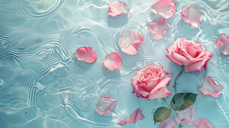 Pink Roses and Rose Petals Floating on Clear Water, with a Light Blue ...