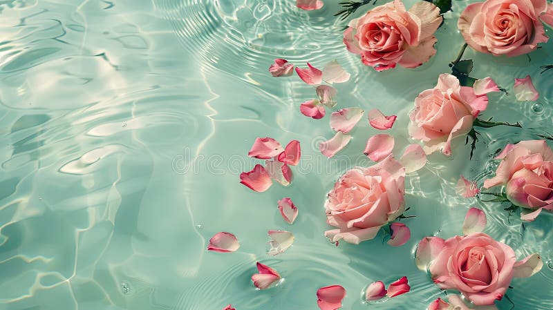 Pink Roses and Rose Petals Floating on Clear Water, with a Light Blue ...
