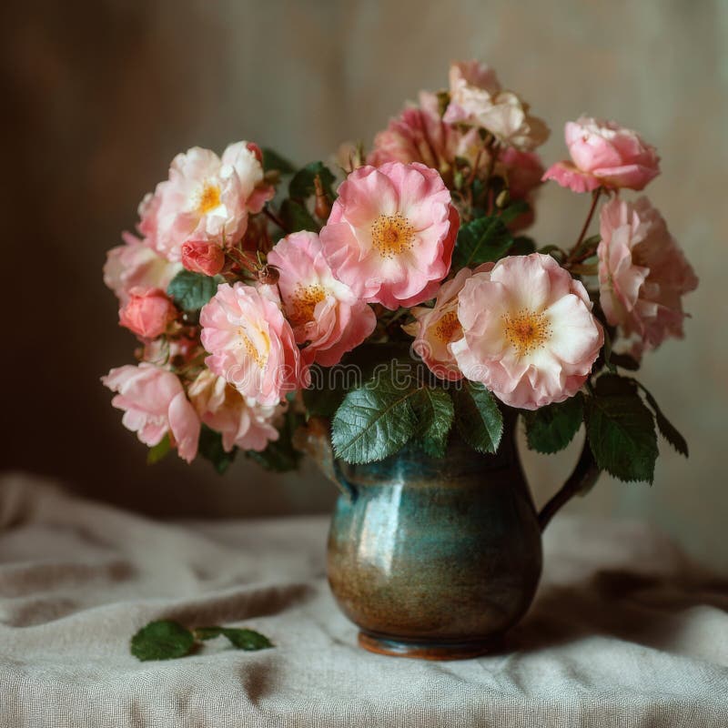 Pink Roses in Rustic Vase Still Life Photography Stock Illustration ...