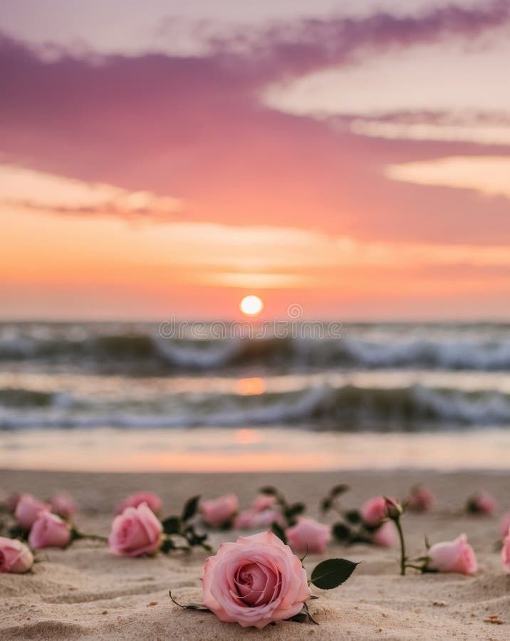 Pink Roses on Sandy Beach at Sunset with Ocean Waves and Vibrant Sky ...