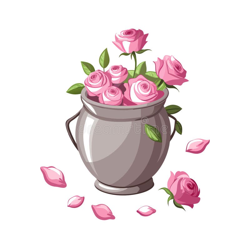 Pink Roses in a Silver Pot with Scattered Petals Vector Illustration ...