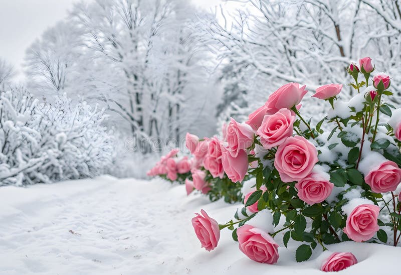 Pink Roses in the Snow in the Woods Stock Illustration - Illustration ...