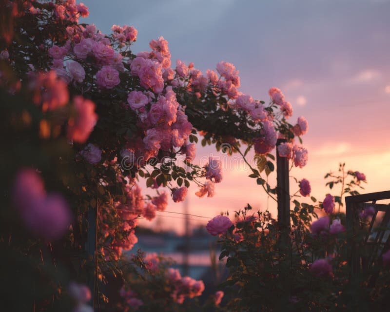 Pink Roses at Sunset Garden Stock Illustration - Illustration of ...