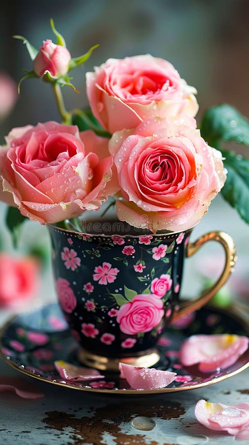 Pink Roses in a Teacup on a Table Stock Photo - Image of table ...
