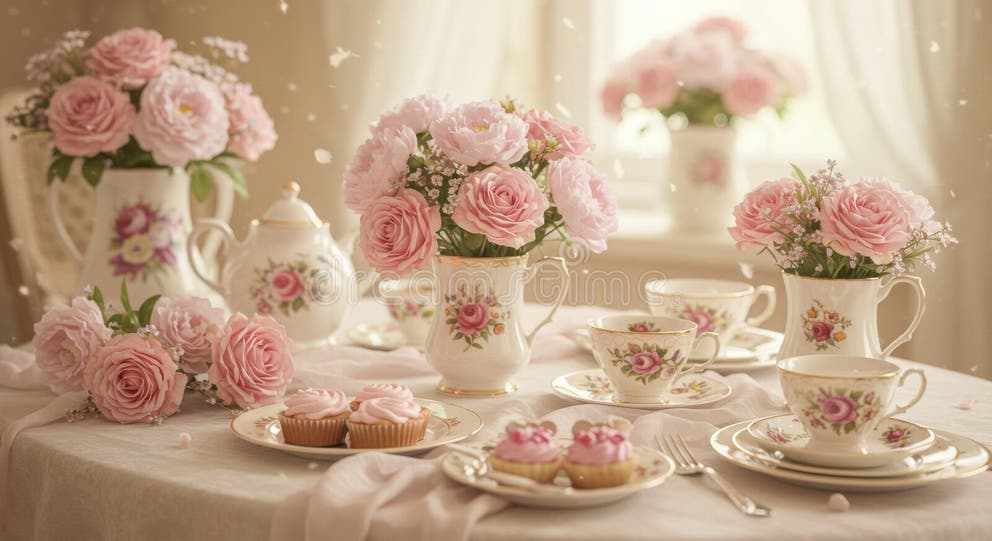 Pink Roses and Teacups on a Table Setting Stock Illustration ...