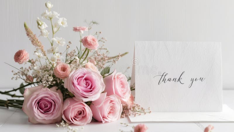 Pink Roses and a Thank You Note Surrounded by Delicate Flowers. Stock ...