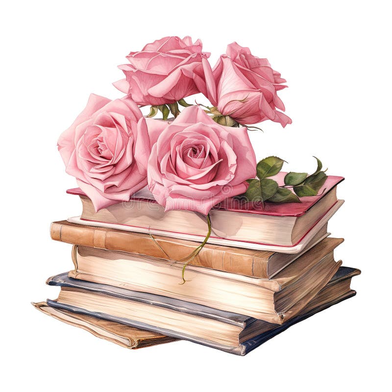 Pink Roses on Top of a Stack of Books Stock Photo - Illustration of ...