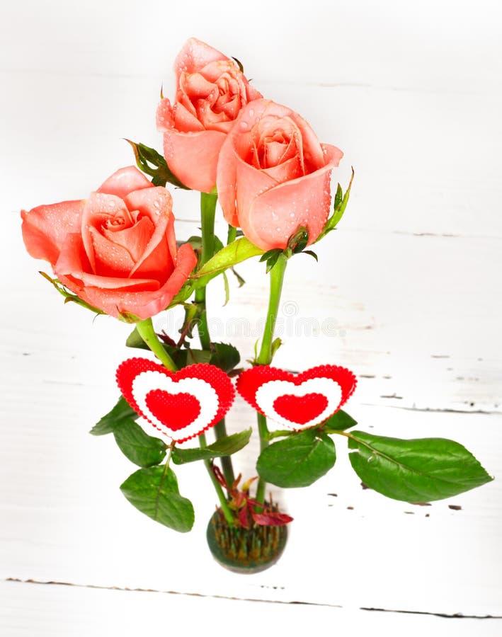 Pink Roses and Two Hearts on a White Background Stock Image - Image of ...