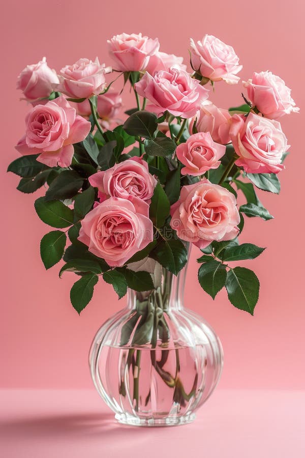 Pink Roses in a Vase on a Pastel Pink Table Stock Illustration ...