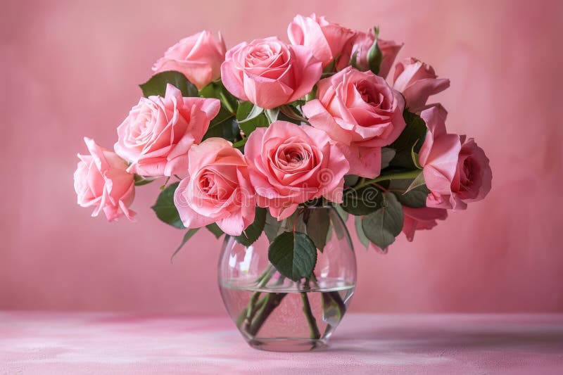 Pink Roses in a Vase on a Pastel Pink Table Stock Illustration ...