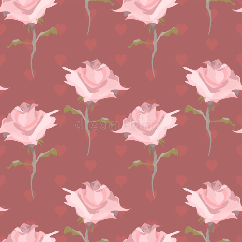 Pink Roses Vector Repeatable Pattern with Red Hearts Stock Vector ...