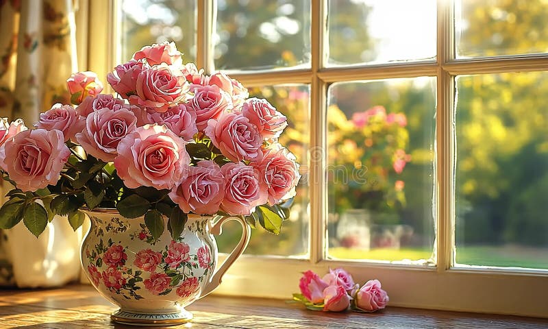 Pink Roses in Vintage Pot by Window Stock Video - Video of rustic ...