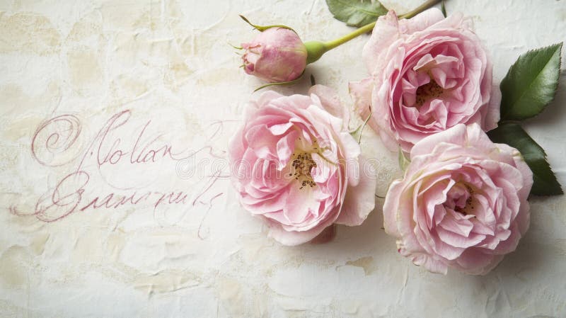 Pink Roses on a Vintage White Background with Handwritten Script Stock ...