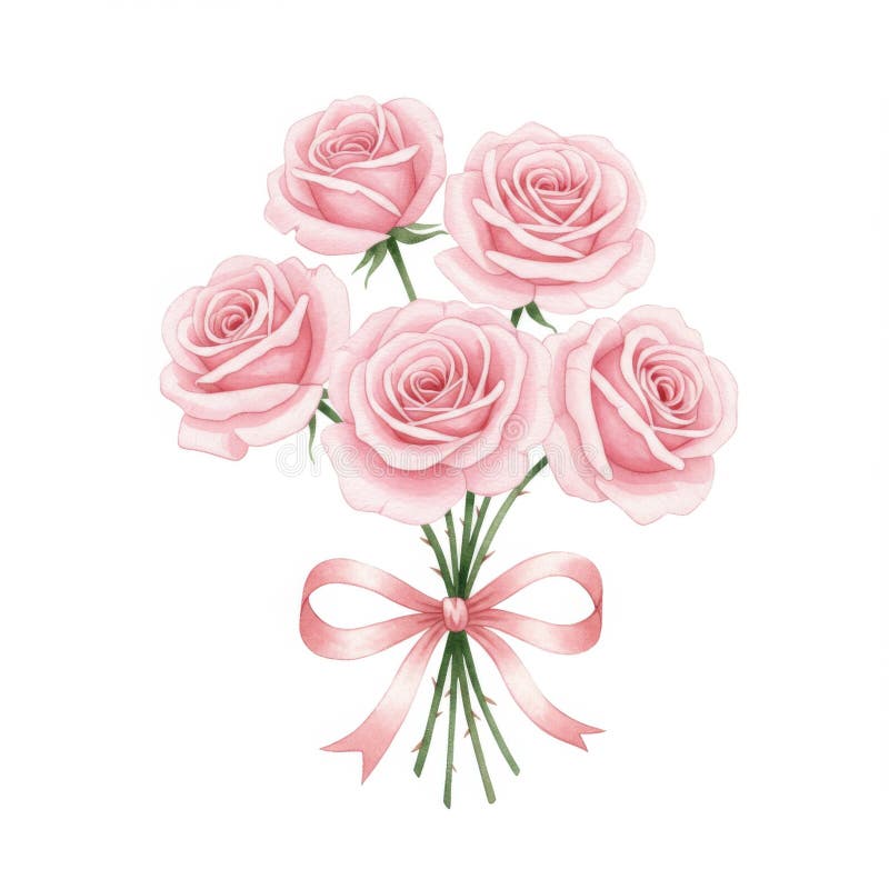 Pink Roses Watercolor Bouquet with Bow Stock Illustration ...