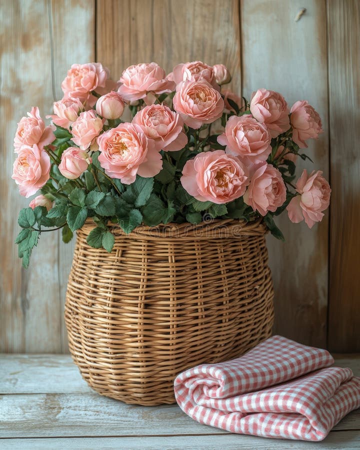 Pink Roses in Wicker Basket Stock Image - Image of flowers, charm ...
