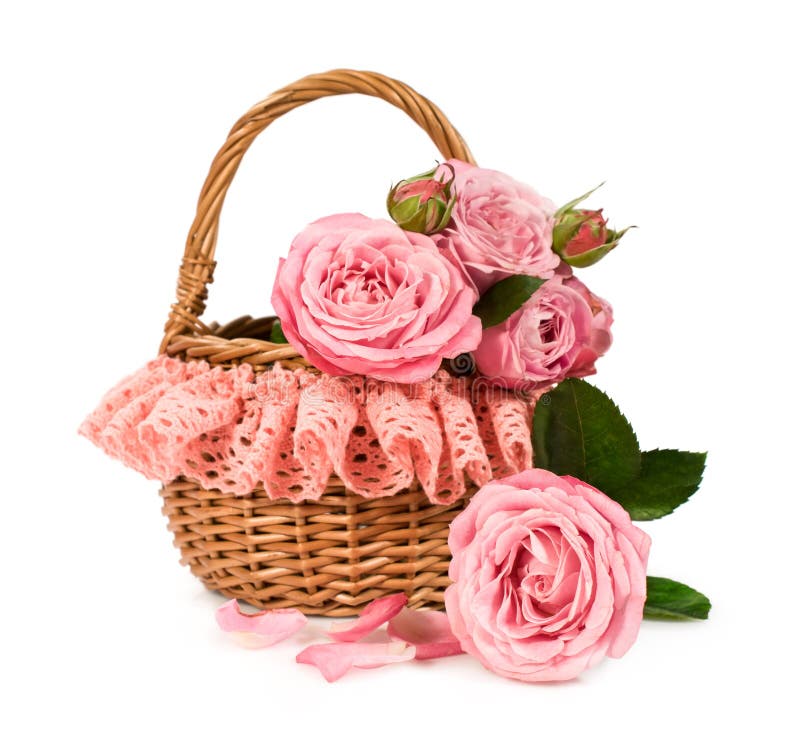Pink Roses in a Wicker Basket with Lace Stock Photo - Image of holiday ...