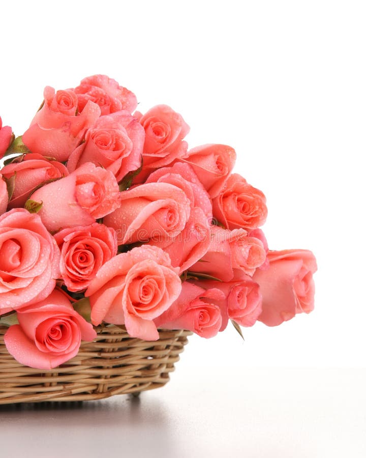 Pink Roses in Wooden Basket Stock Image - Image of flower, message ...