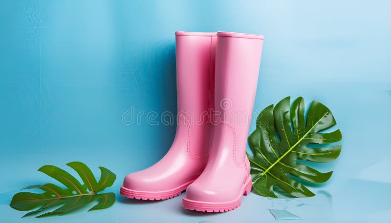 Pink Rubber Boots on Color Background, Flat Lay Stock Photo - Image of ...