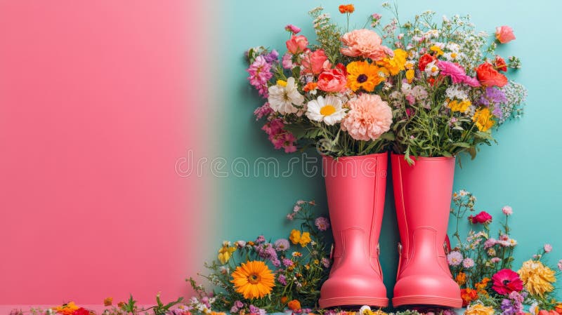 Pink Rubber Boots Filled with Colorful Spring Flowers Stock ...