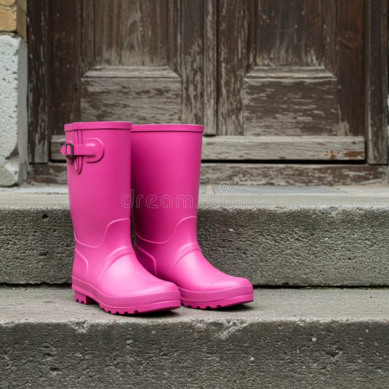 Pink Rubber Boots on Grey Stone Steps Stock Illustration - Illustration ...