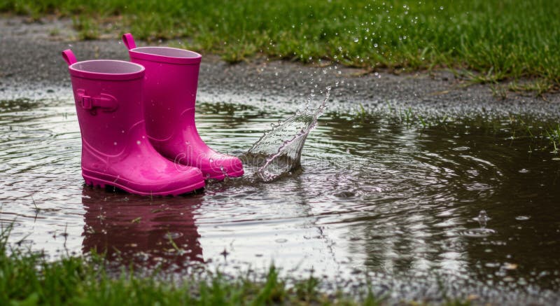 Pink Rubber Boots Splashing in a Puddle Stock Image - Image of playful ...