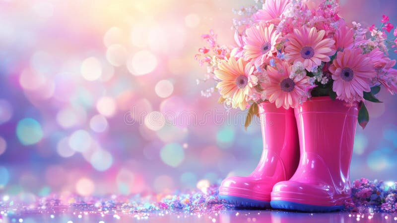 Pink Rubber Boots with a Spring Flower Bouquet Stock Illustration ...