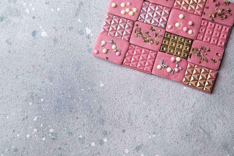 Pink Ruby Chocolate Bars with Gold, Silver and Crisp Stock Image ...