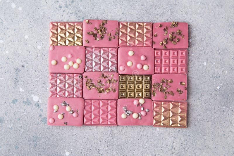 Pink Ruby Chocolate Bars with Gold, Silver and Crisp Stock Photo ...