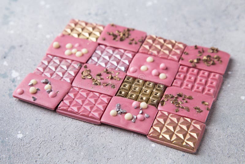 Pink Ruby Chocolate Bars with Gold, Silver and Crisp Stock Image ...