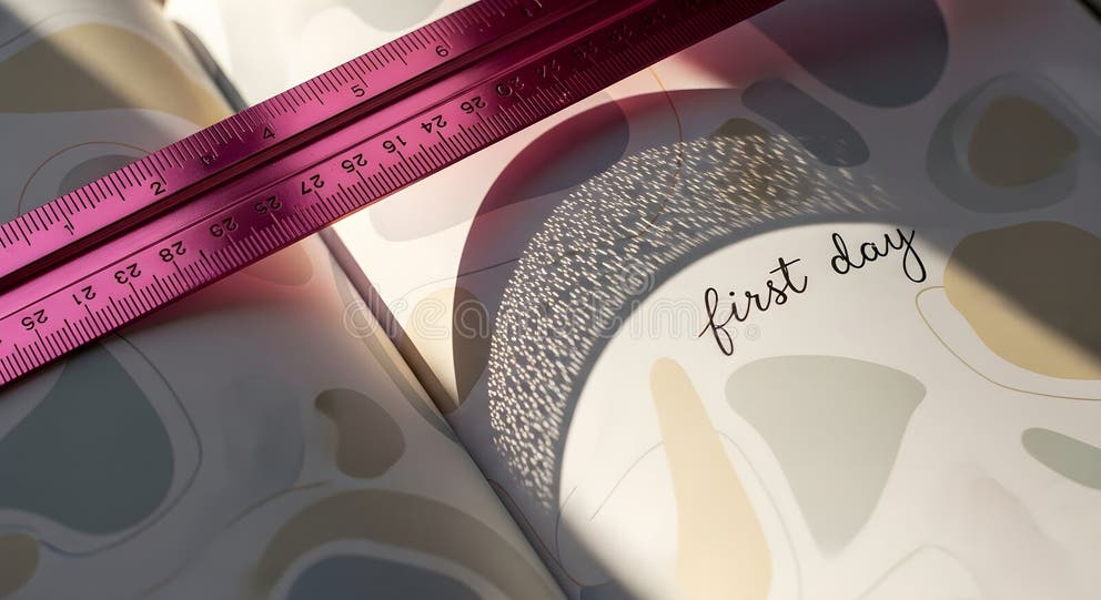 Pink Ruler Casting a Shadow on a Journal Page with First Day Written in ...