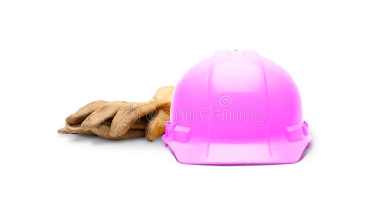 Leather Gloves and Pink Safety Construction Hard Hat Isolated on a ...