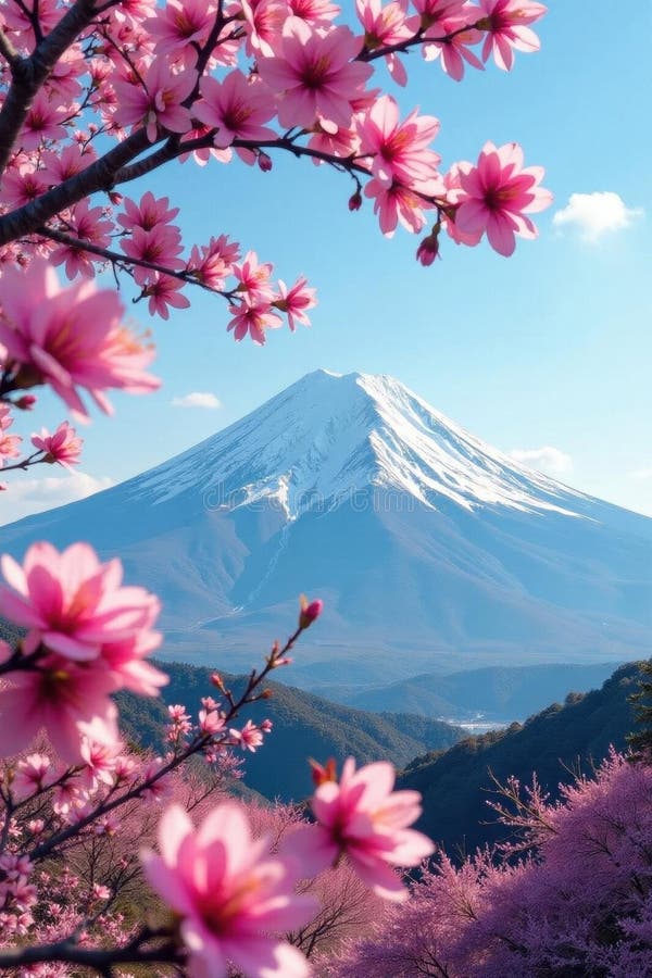 Pink Sakura Blossoms Frame Majestic Mount Fuji , Sunset, Tree Stock ...