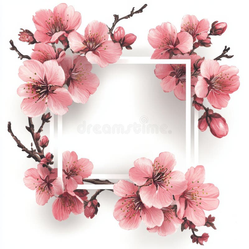Pink Sakura Cherry Blossom Flower with White Square Shape Line Frame ...
