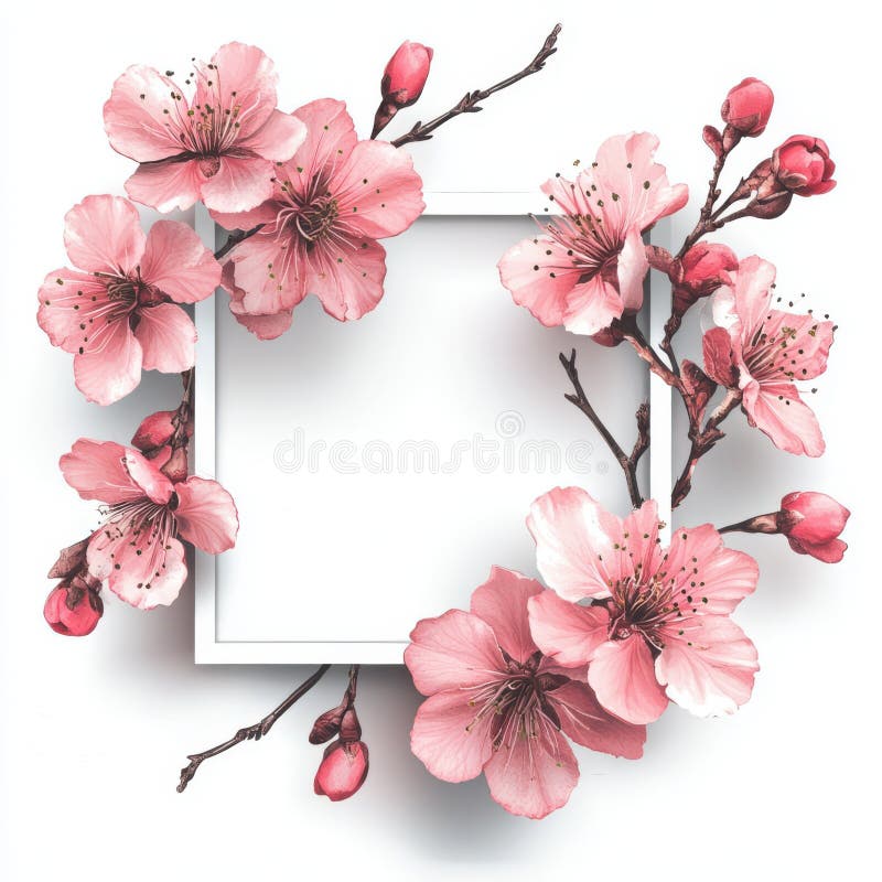 Pink Sakura Cherry Blossom Flower with White Square Shape Line Frame ...